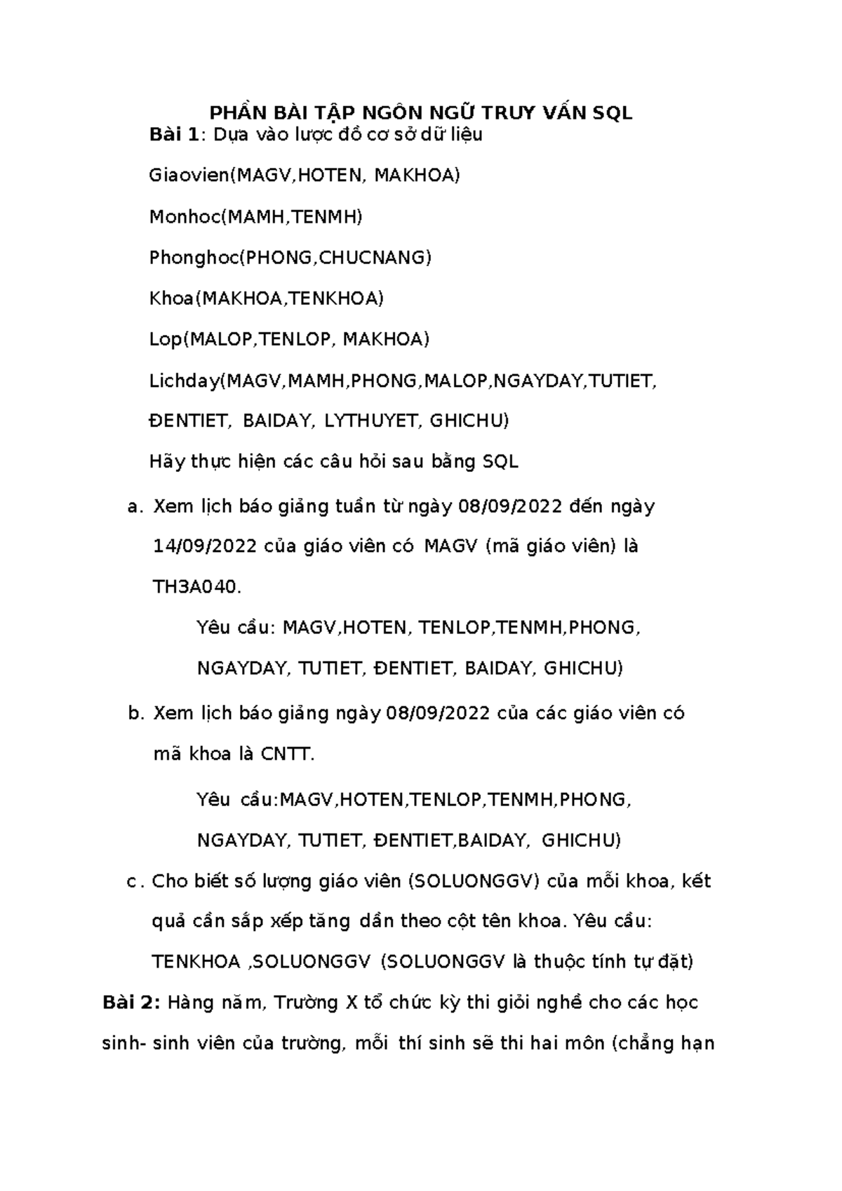 BÀI TẬP SQL - Cố học nhé - PHẦN BÀI TẬP NGÔN NGỮ TRUY VẤN SQL Bài 1 ...