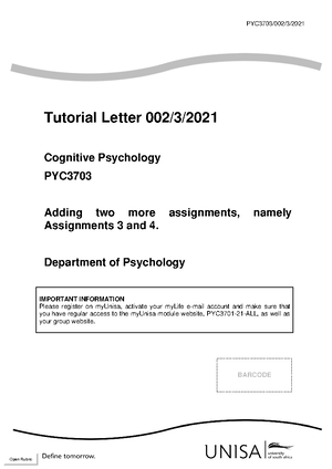 PYC 3703 Q&A 2020 - Assignment feedback - PYC3703/202/1/ Tutorial Letter 202/1/ Cognition ...