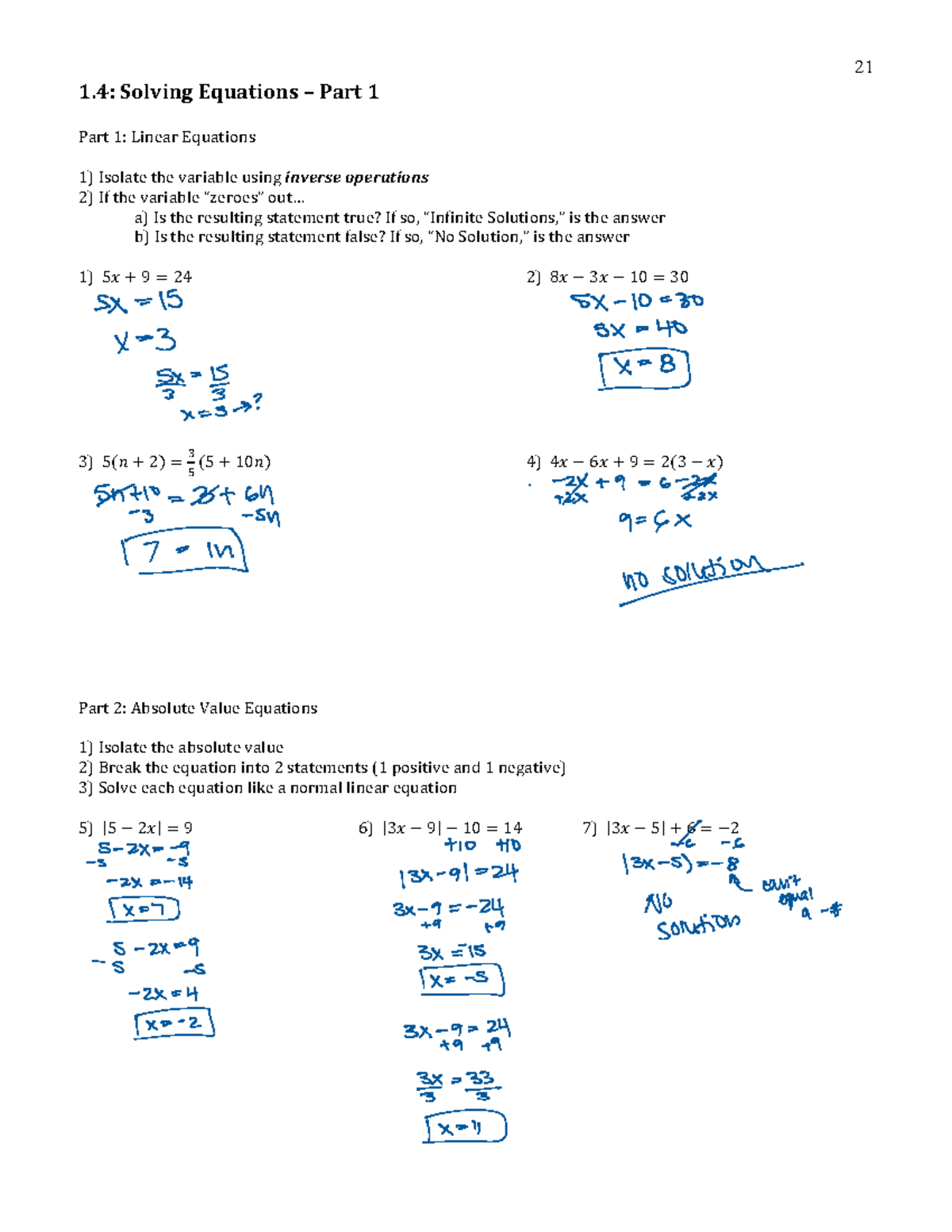 1.4 Task - practice - 21 1: Solving Equations 3 Part 1 Part 1: Linear ...
