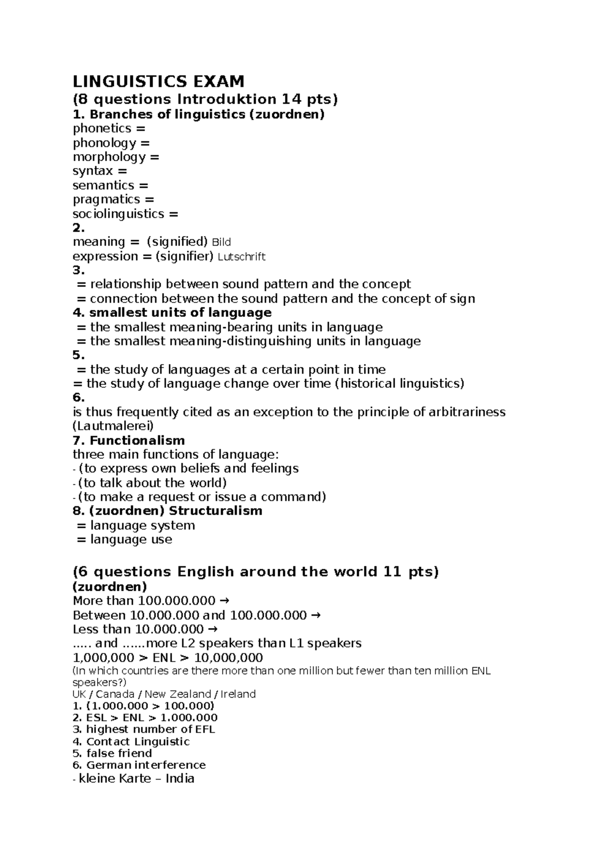 Applied Ling. Klausur - LINGUISTICS EXAM (8 questions Introduktion 14 pts) Branches of ...