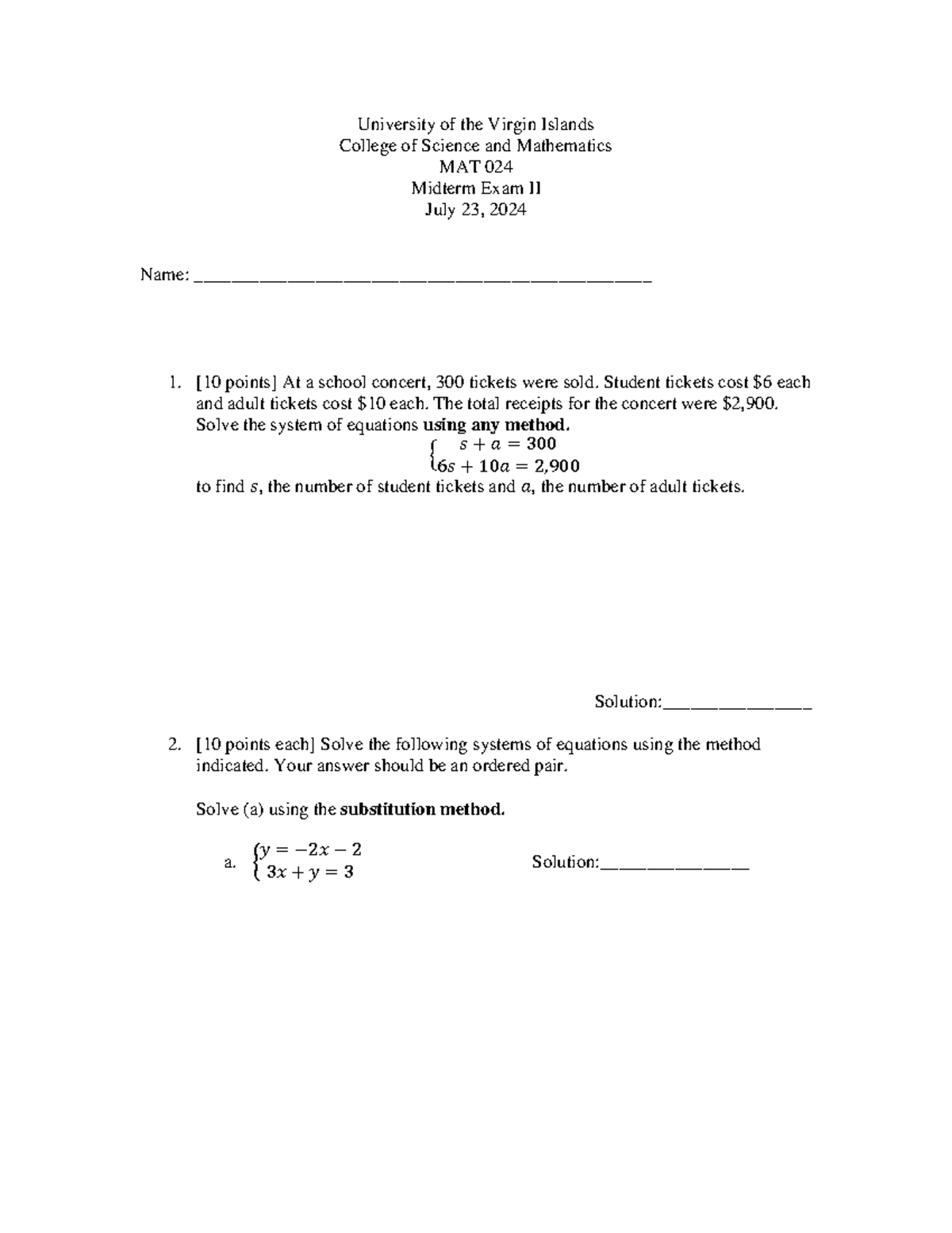 MAT 024 Midterm 2A Spring 2024 - University of the Virgin Islands ...