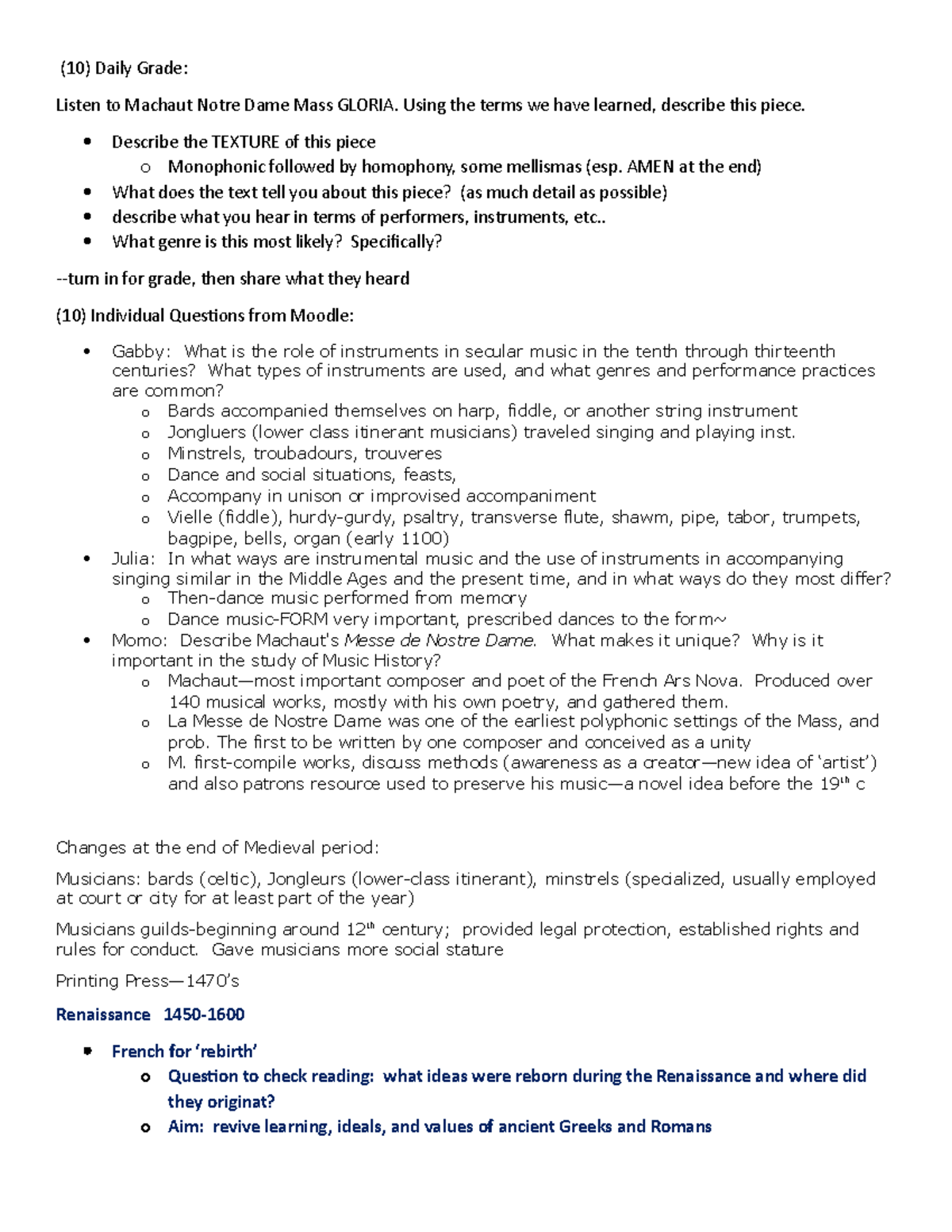 Music History-Class 5 (Renaissance) - (10) Daily Grade: Listen to ...