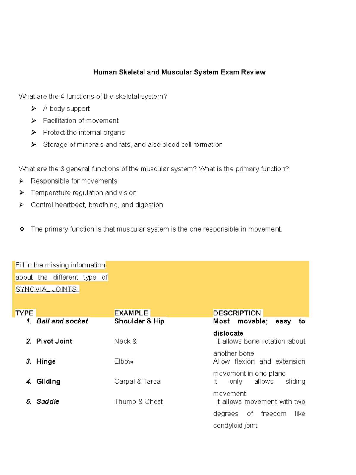Human Skeletal and Muscular System Review - Human Skeletal and Muscular ...