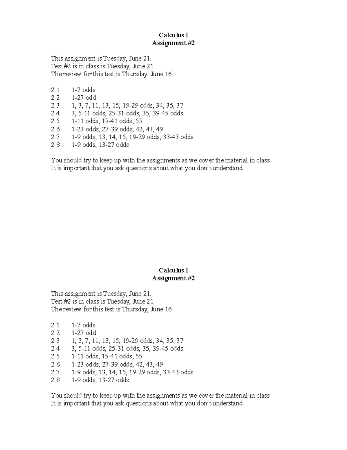 UNIT 2 summer 2016 - number assignment - Calculus I Assignment #2 This ...