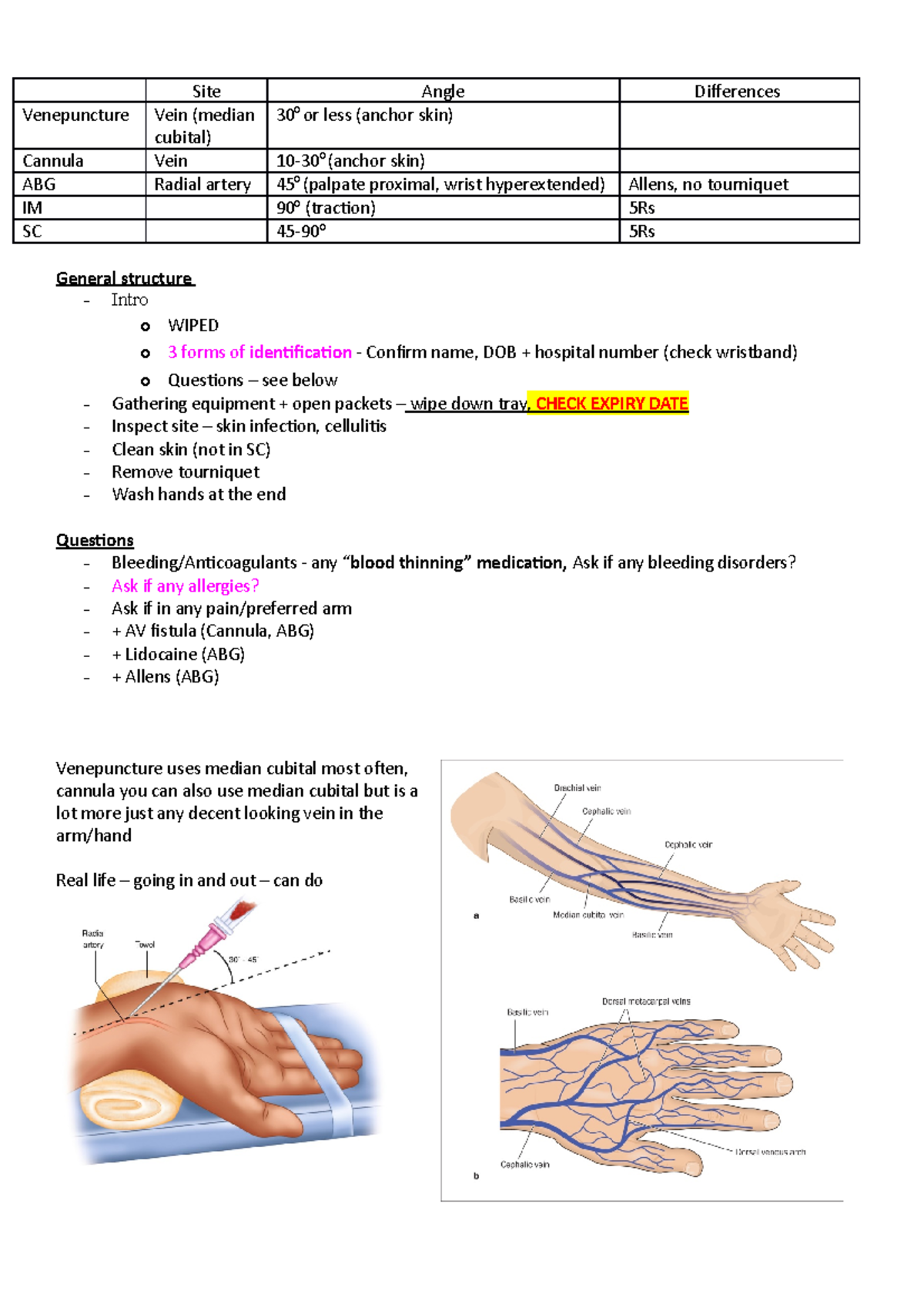 Blood procedures OSCE - notes - Site Angle Differences Venepuncture ...