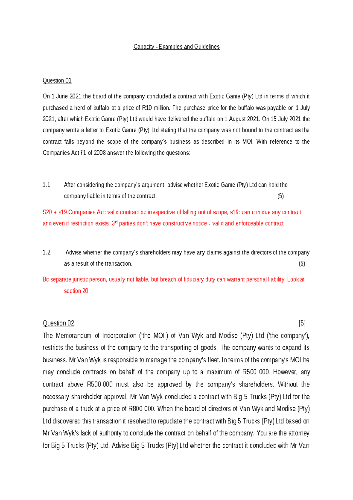 Practice Questions Companies - Capacity and Representation - Capacity ...
