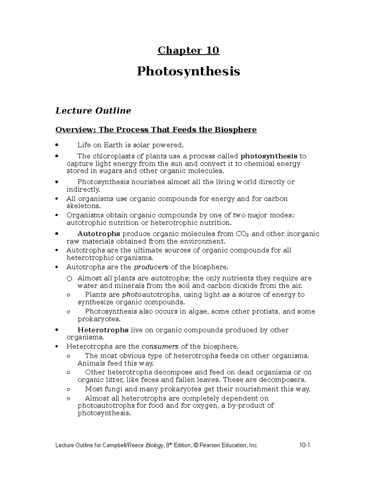 Doc. AP Bio~ Ch. 10 Detail Lect Outline - Chapter 10 Photosynthesis Lecture Outline Overview ...