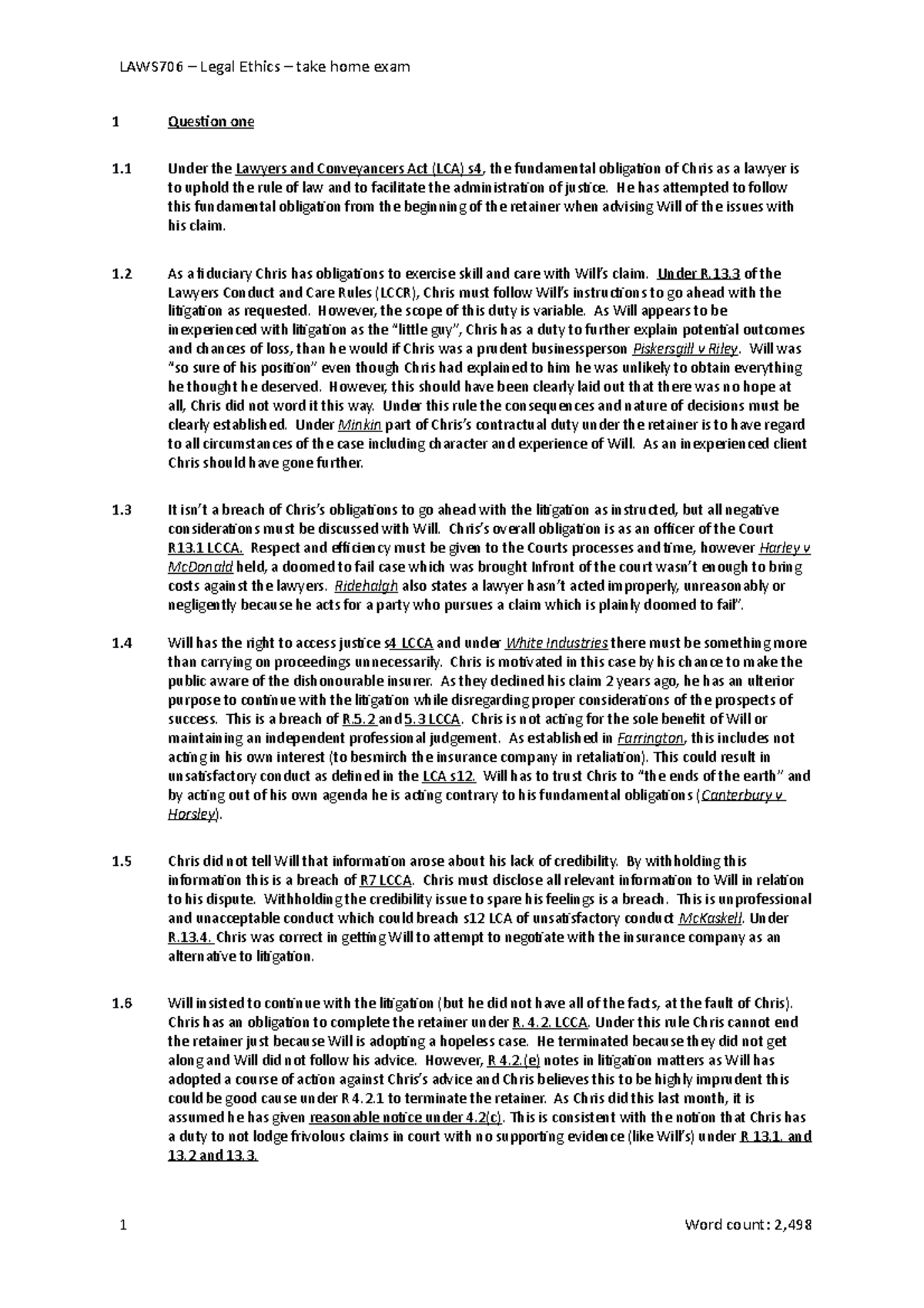 2022 Ethics exam final - 1 Question one 1 Under the Lawyers and ...