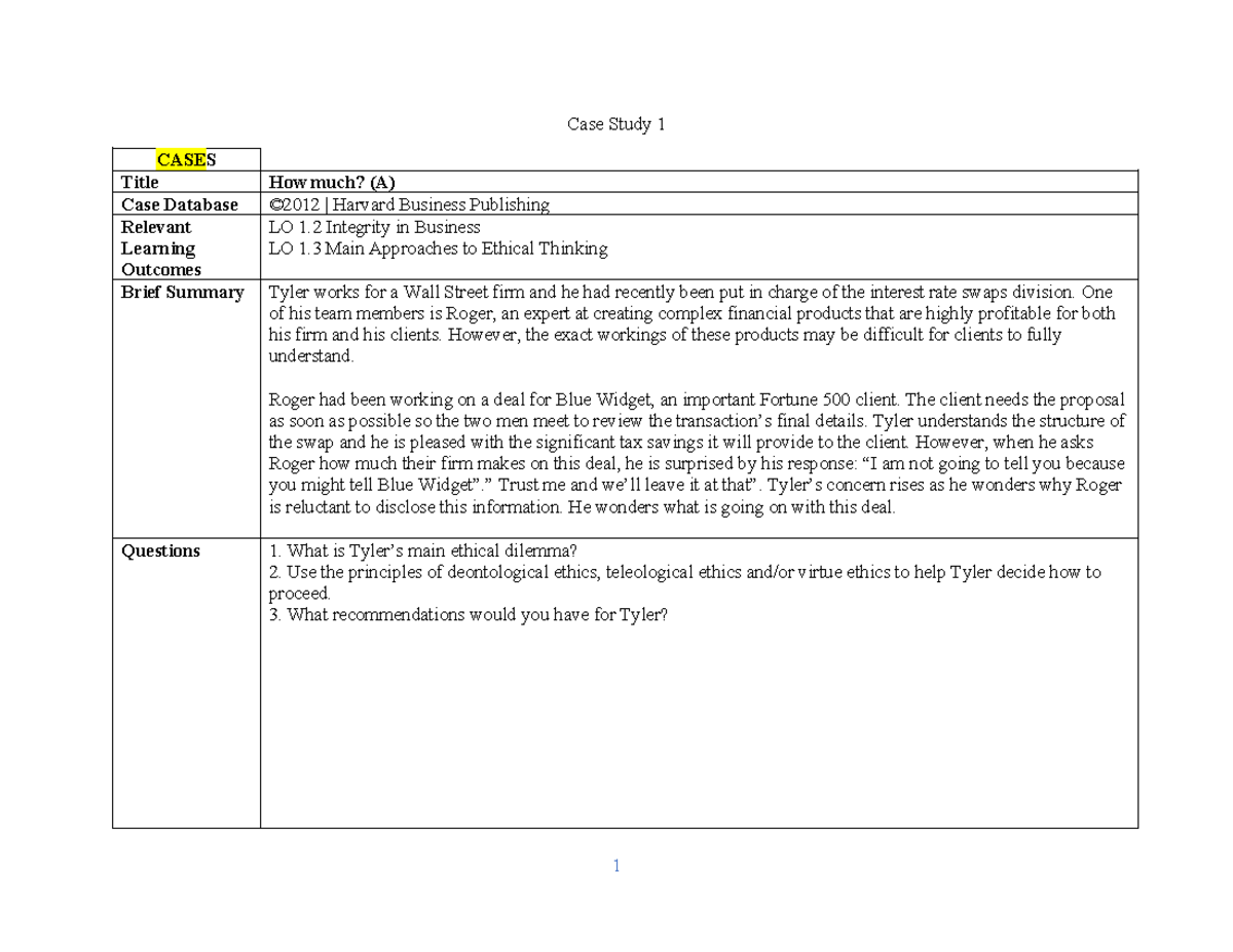 Practice material - Case Study 1 CASES Title How much? (A) Case ...