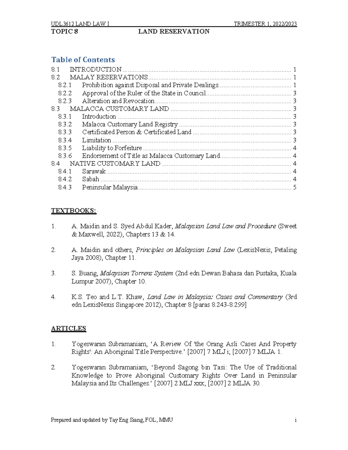 Land Law I (Notes on Topic 8) - TOPIC 8 LAND RESERVATION Prepared and ...