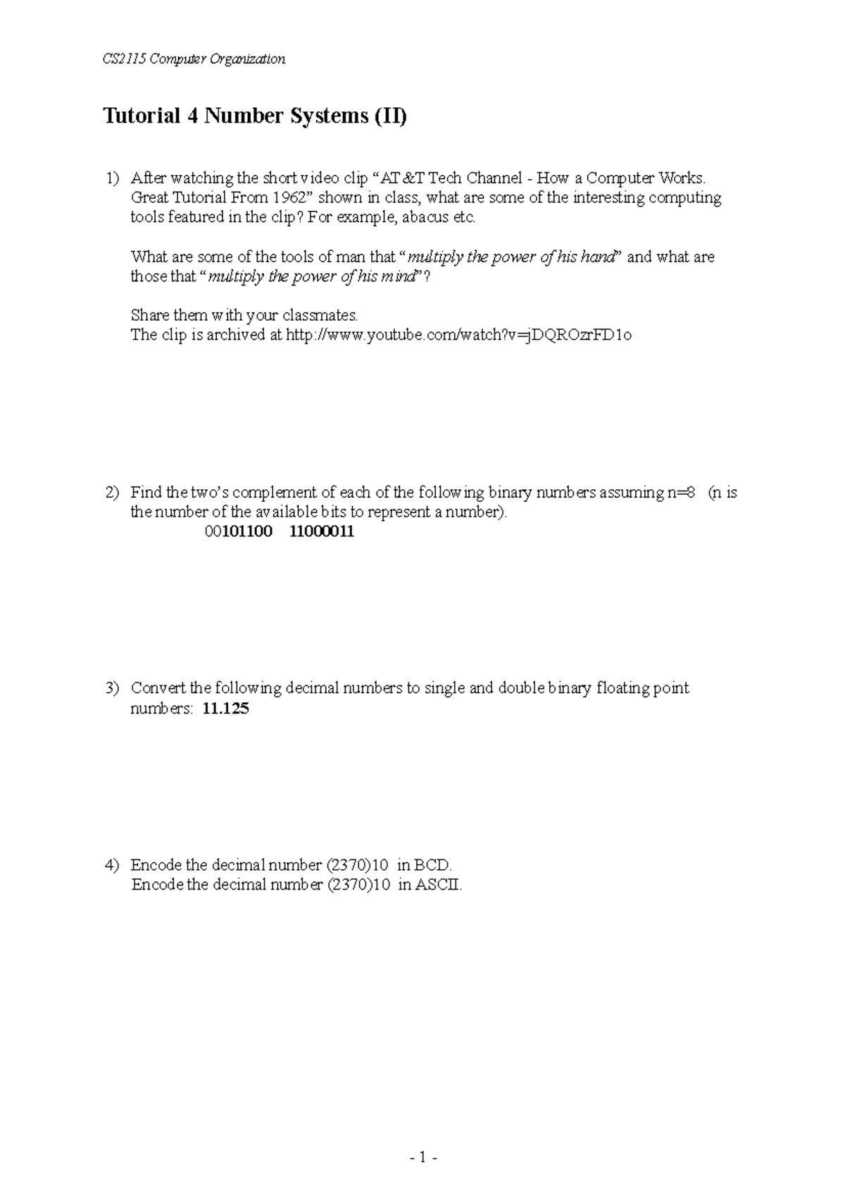 CS 2115 Tutorial 4 - CS2115 Computer Organization Tutorial 4 Number ...