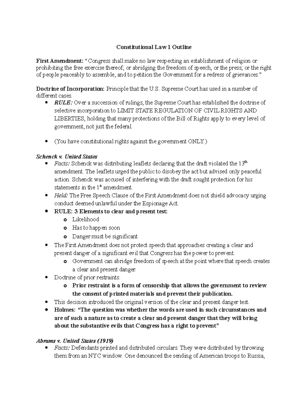 Constitutional Law 1 Outline - Constitutional Law 1 Outline First ...