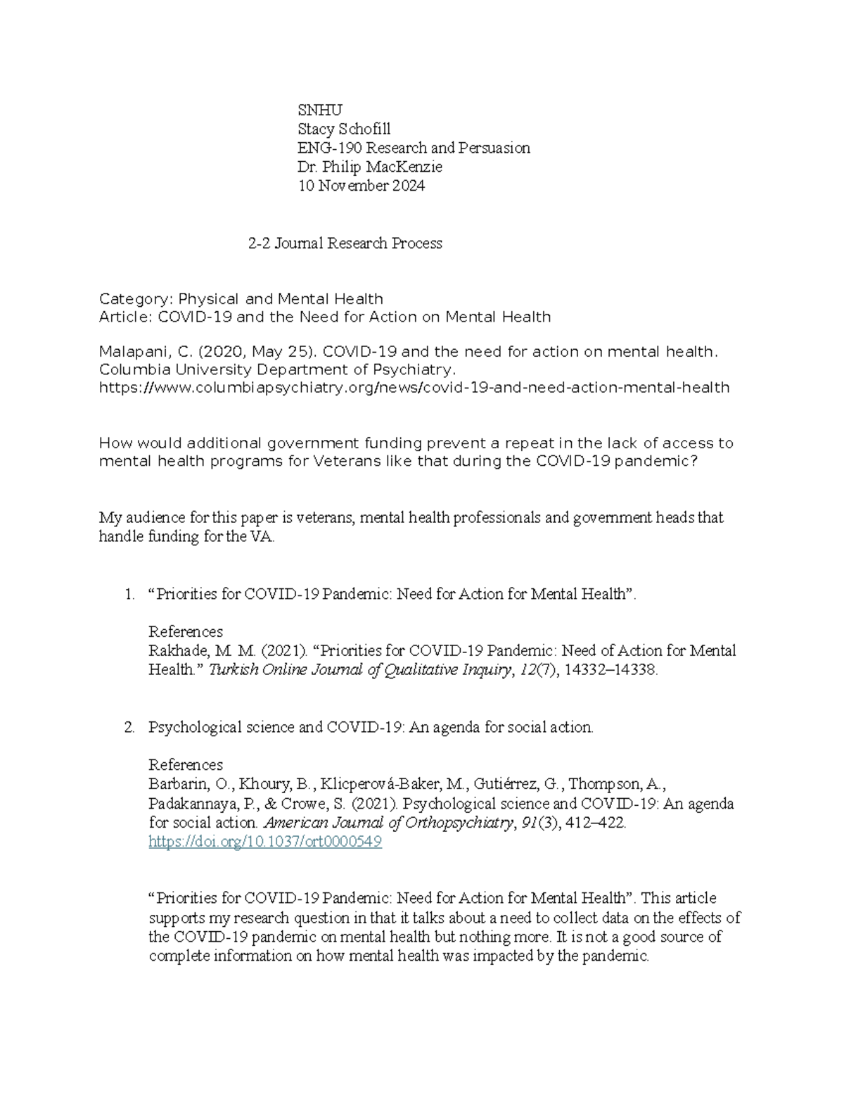 ENG-190 Mod 2-2 Journal Research Process - SNHU Stacy Schofill ENG-190 ...