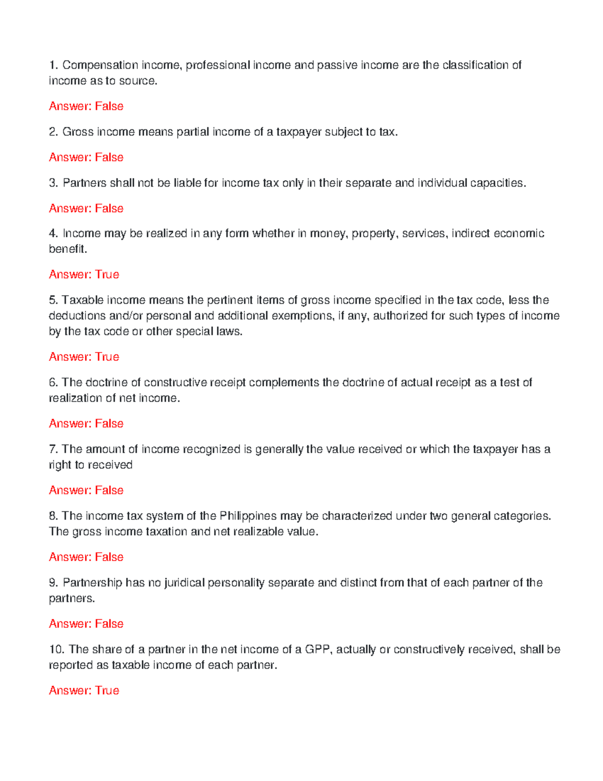 TAX QUIZ - TAX QUIZ - Compensation income, professional income and ...