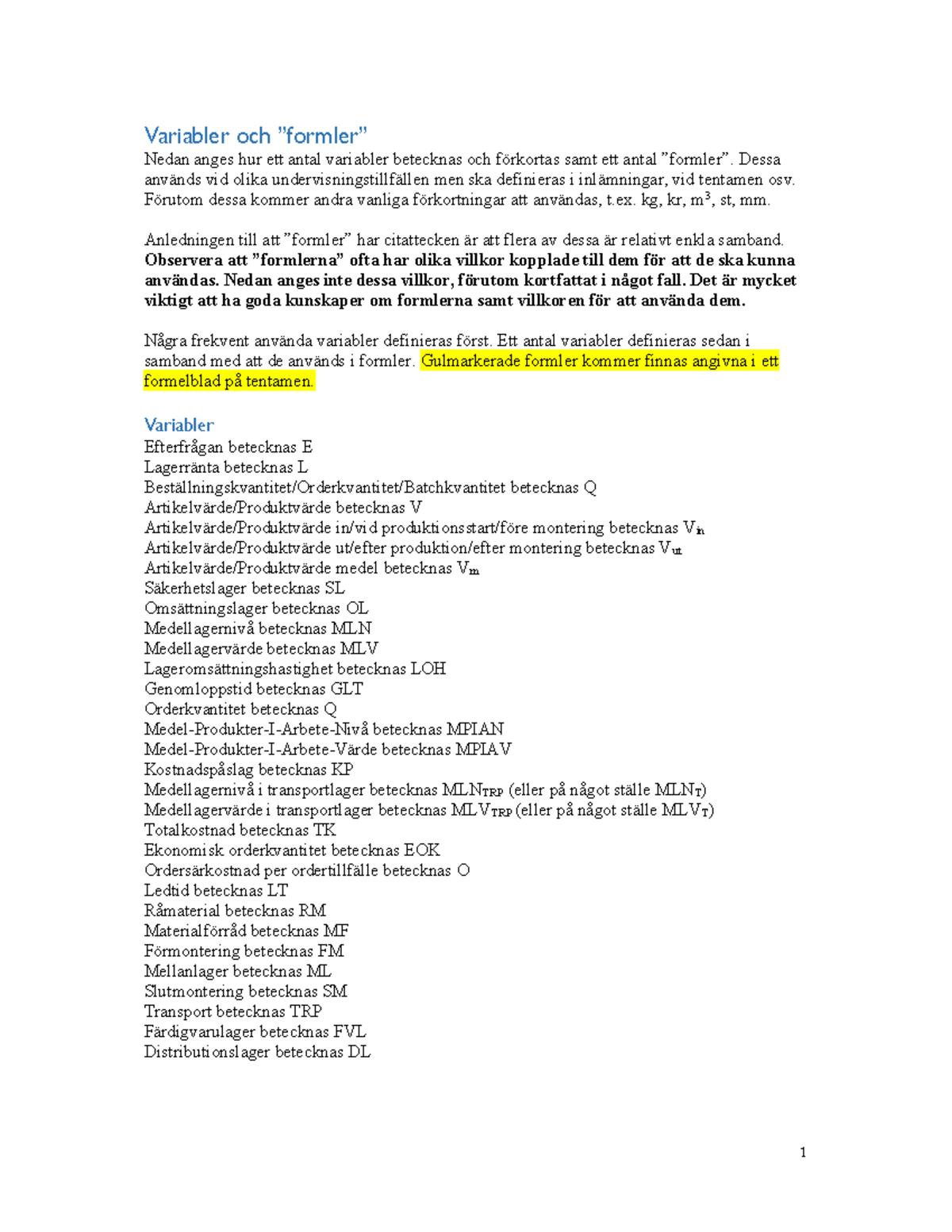 Variabler och formler - Formelblad för kurs. - Variabler och ”formler ...