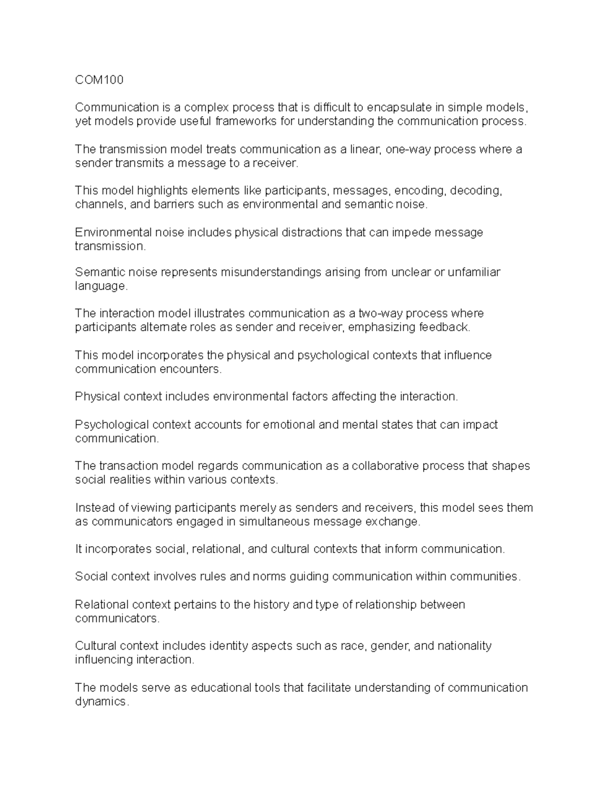 COM - Summary Introduction to Communication Studies - COM Communication ...