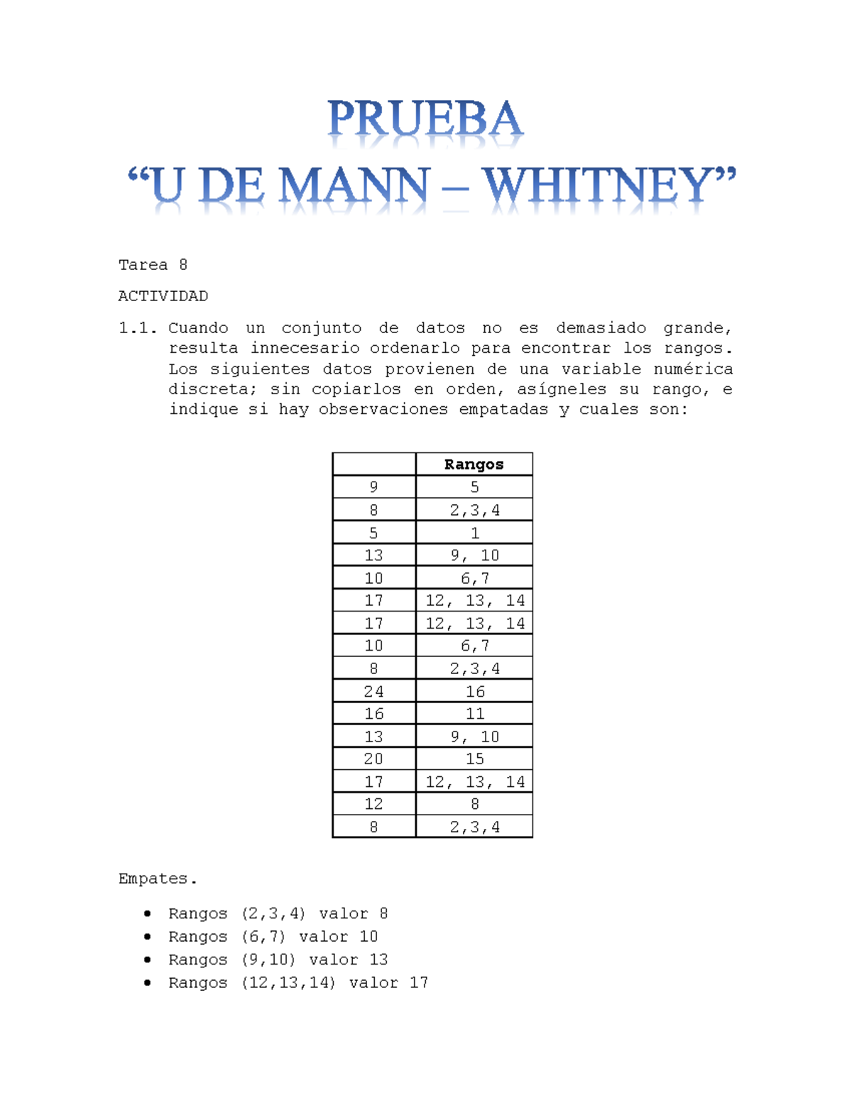 Prueba “U de Mann - Whitney” - Warning: TT: undefined function: 32 Tarea 8 ACTIVIDAD Cuando un ...