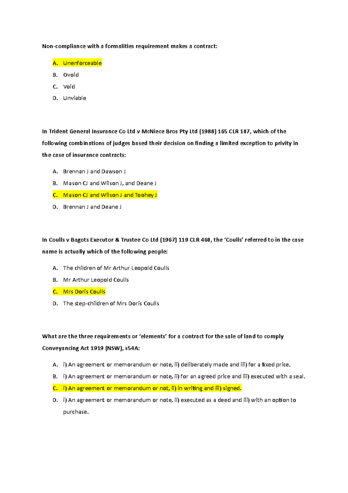 Answers for contract quiz - Non-compliance with a formalities ...