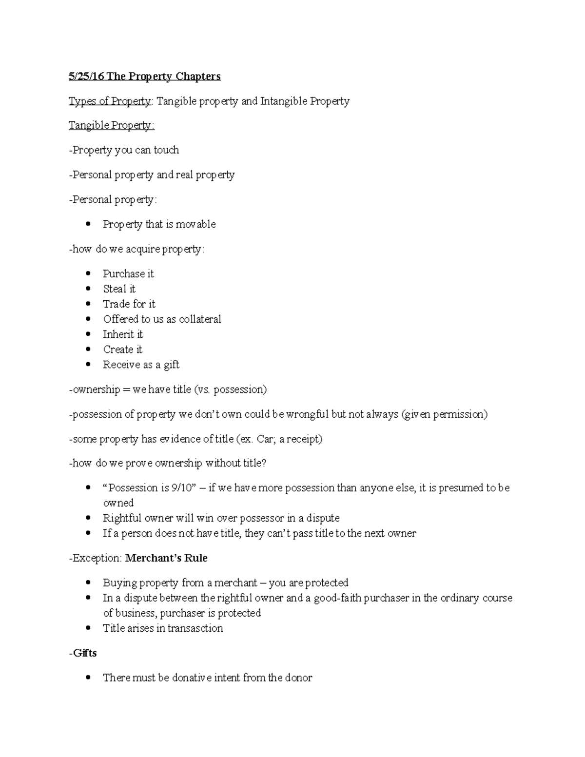 Notes - Property - 5/25/16 The Property Chapters Types of Property ...