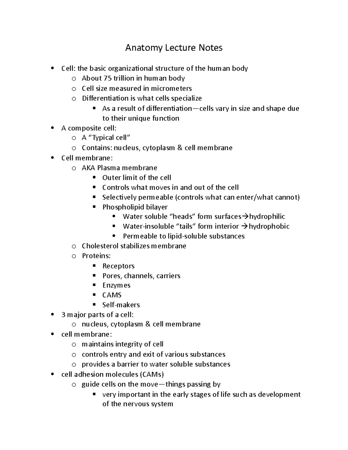 Anatomy notes - Anatomy Lecture Notes Cell: the basic organizational ...