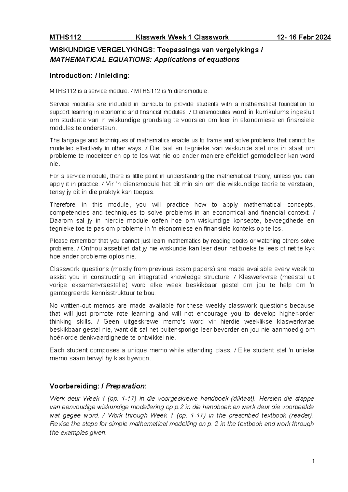 MTHS112 2024 Week 1 Classwork - MTHS112 Klaswerk Week 1 Classwork 12 ...
