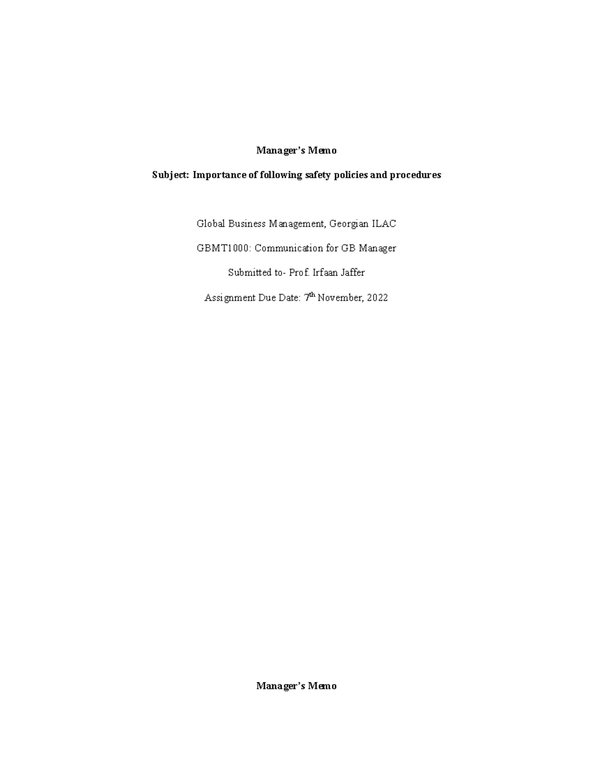 Manager's memo - Assignment - Manager’s Memo Subject: Importance of ...