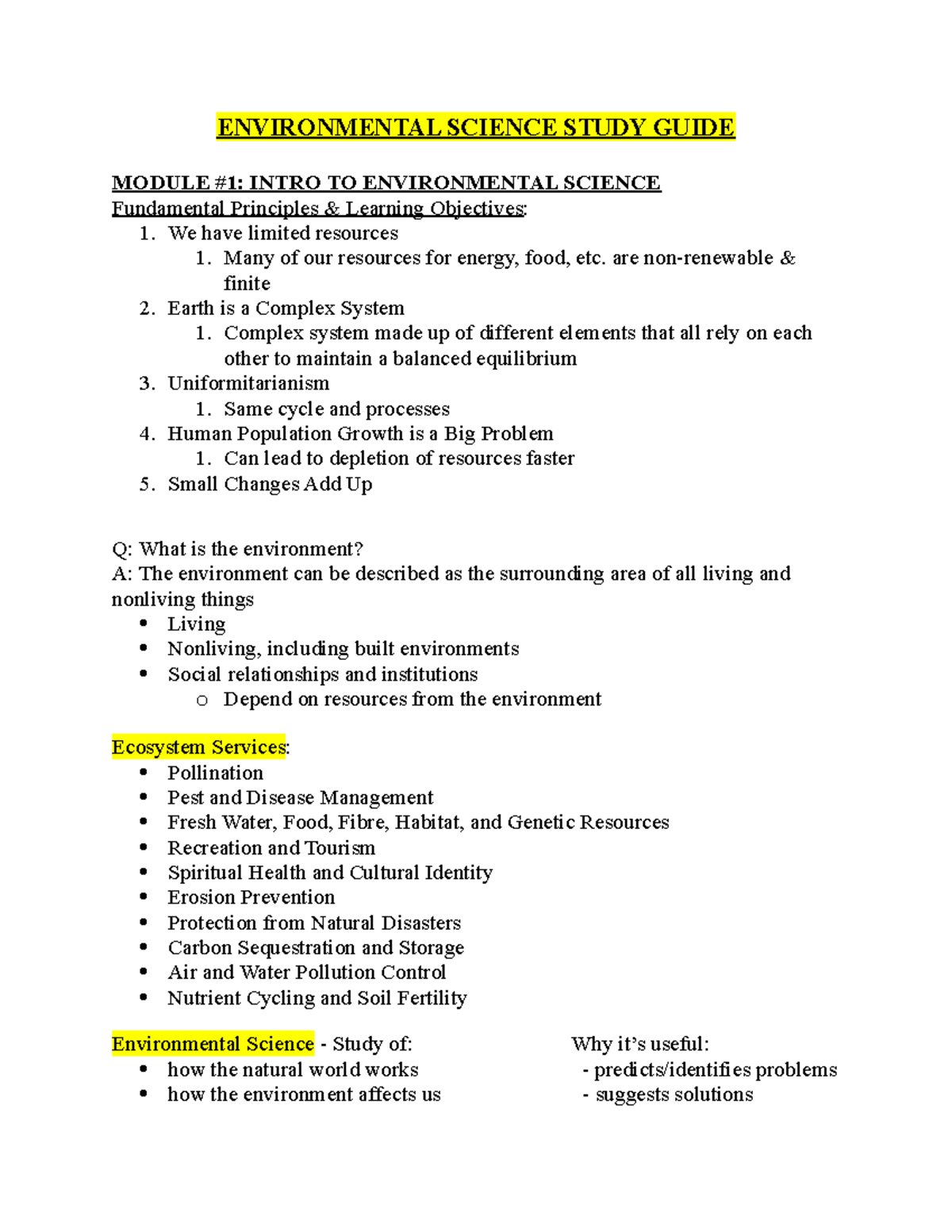 Environmental Science Study Guide MOD. 1-3 - ENVIRONMENTAL SCIENCE ...