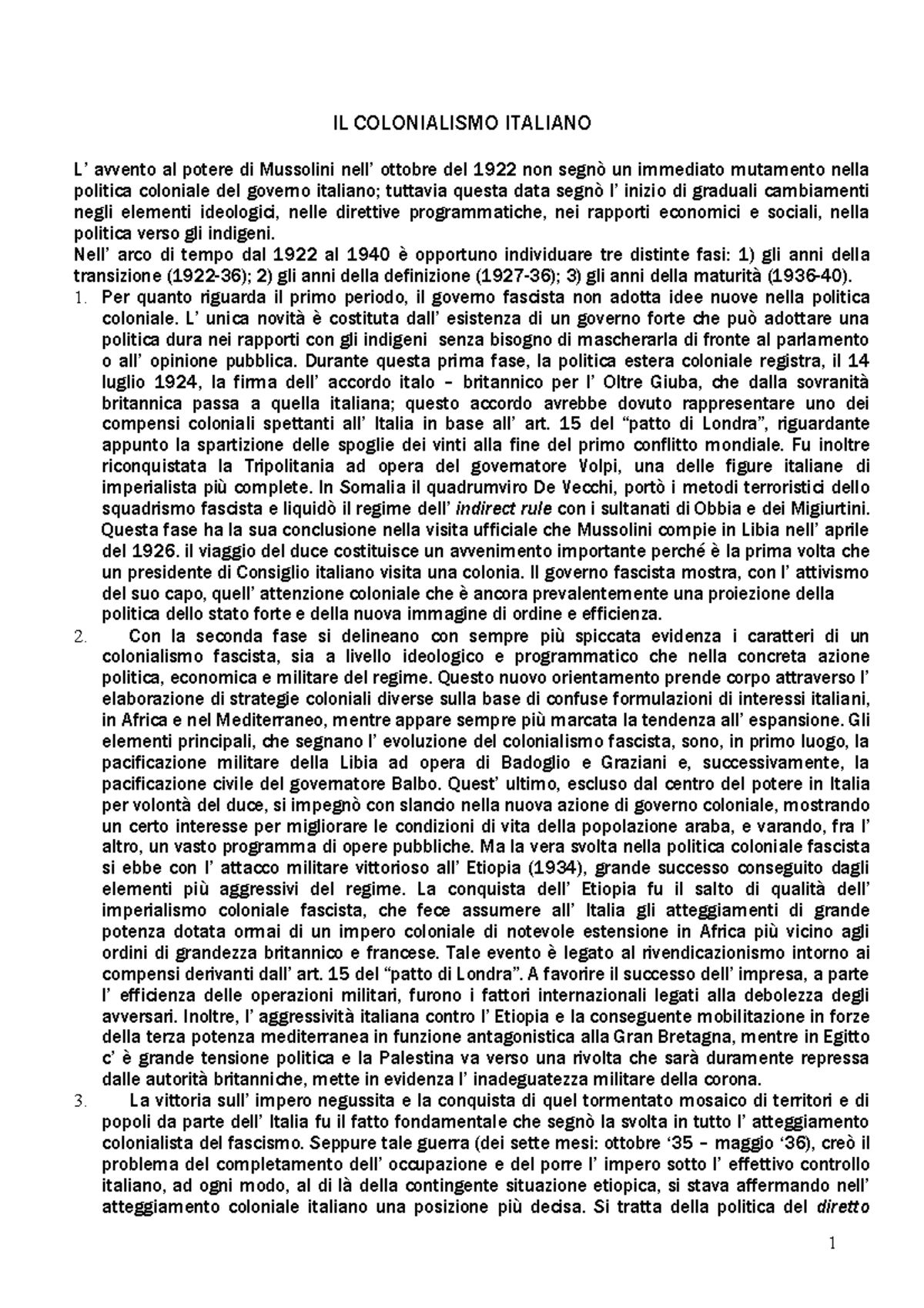 Riassunto Seconda Parte - "Colonialismo Italiano da Adua all'Impero ...