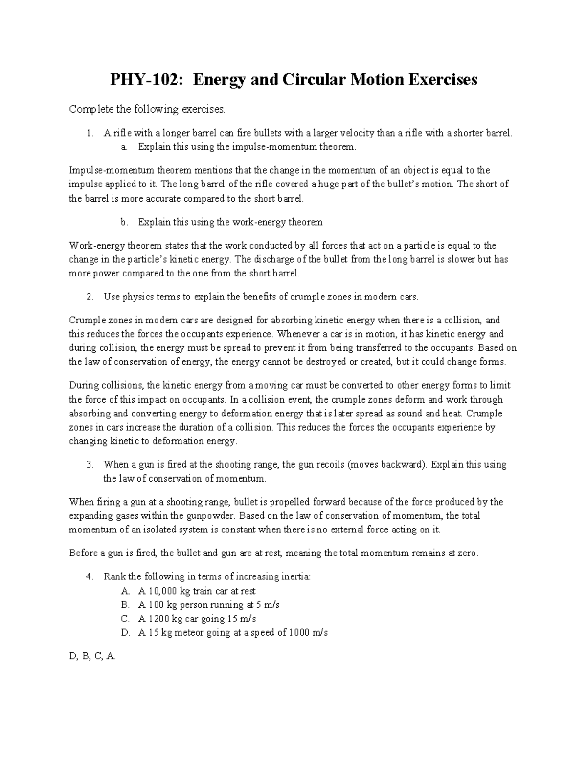 PHY 102 Energy and Circular Motion Exercises - PHY-102: Energy and Circular Motion Exercises ...