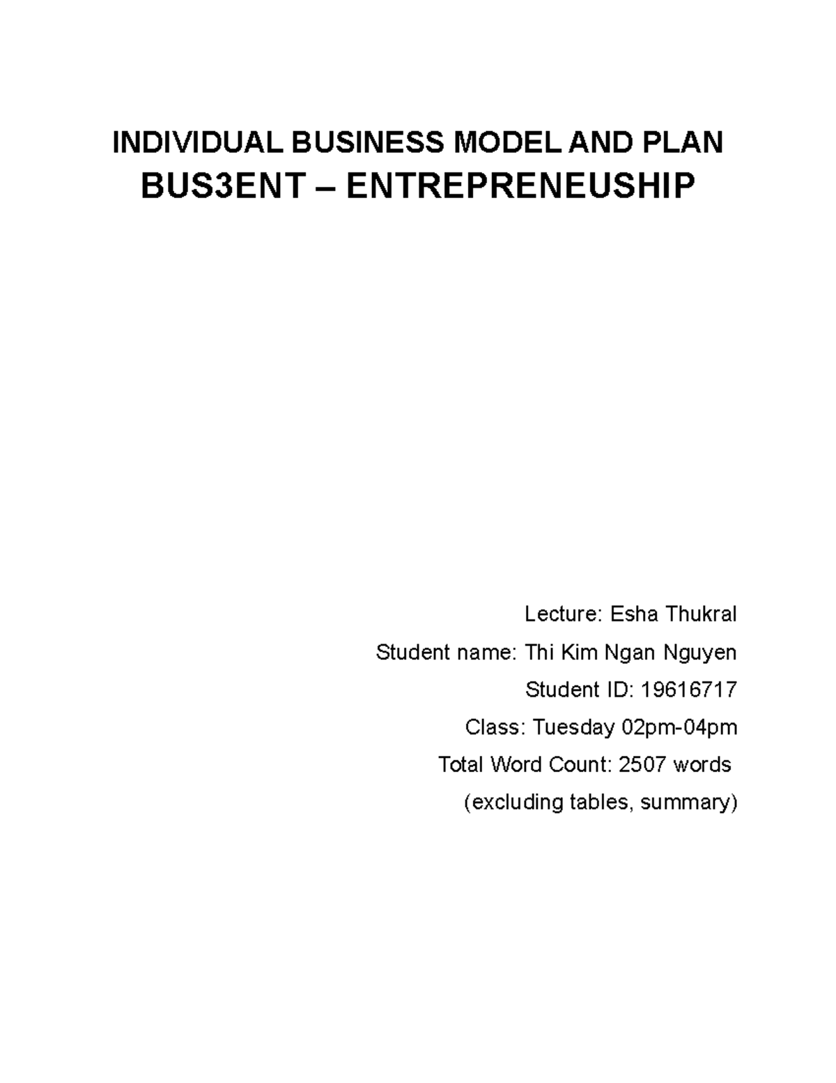 Bizmodel - business - INDIVIDUAL BUSINESS MODEL AND PLAN BUS3ENT ...