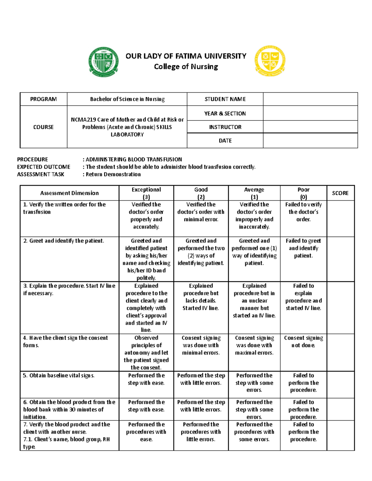 NCMA 219 Rubrics Blood Transfusions - OUR LADY OF FATIMA UNIVERSITY ...