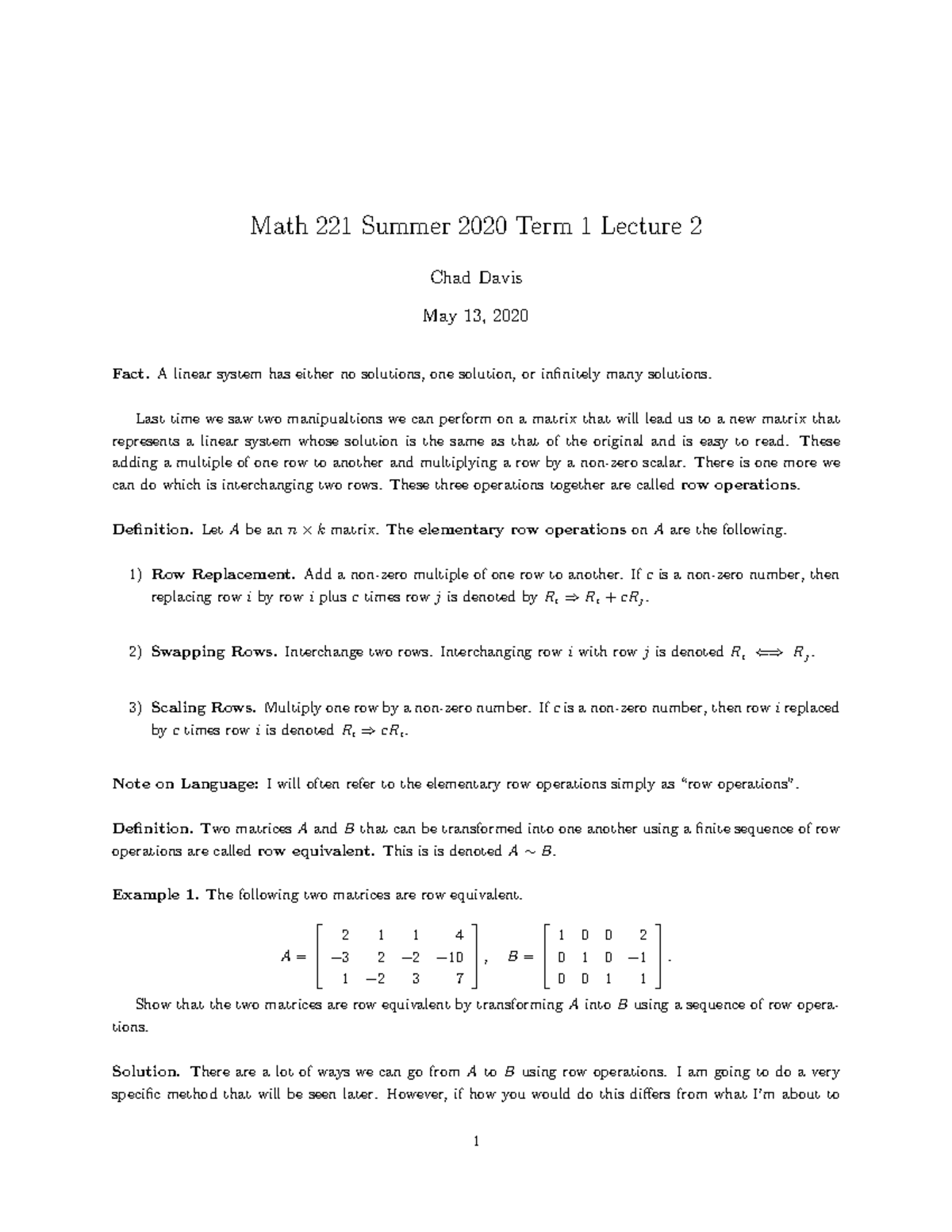 Math 221 S20 T1 Lecture 2 - MATH14310 - Sheridan College - Studocu