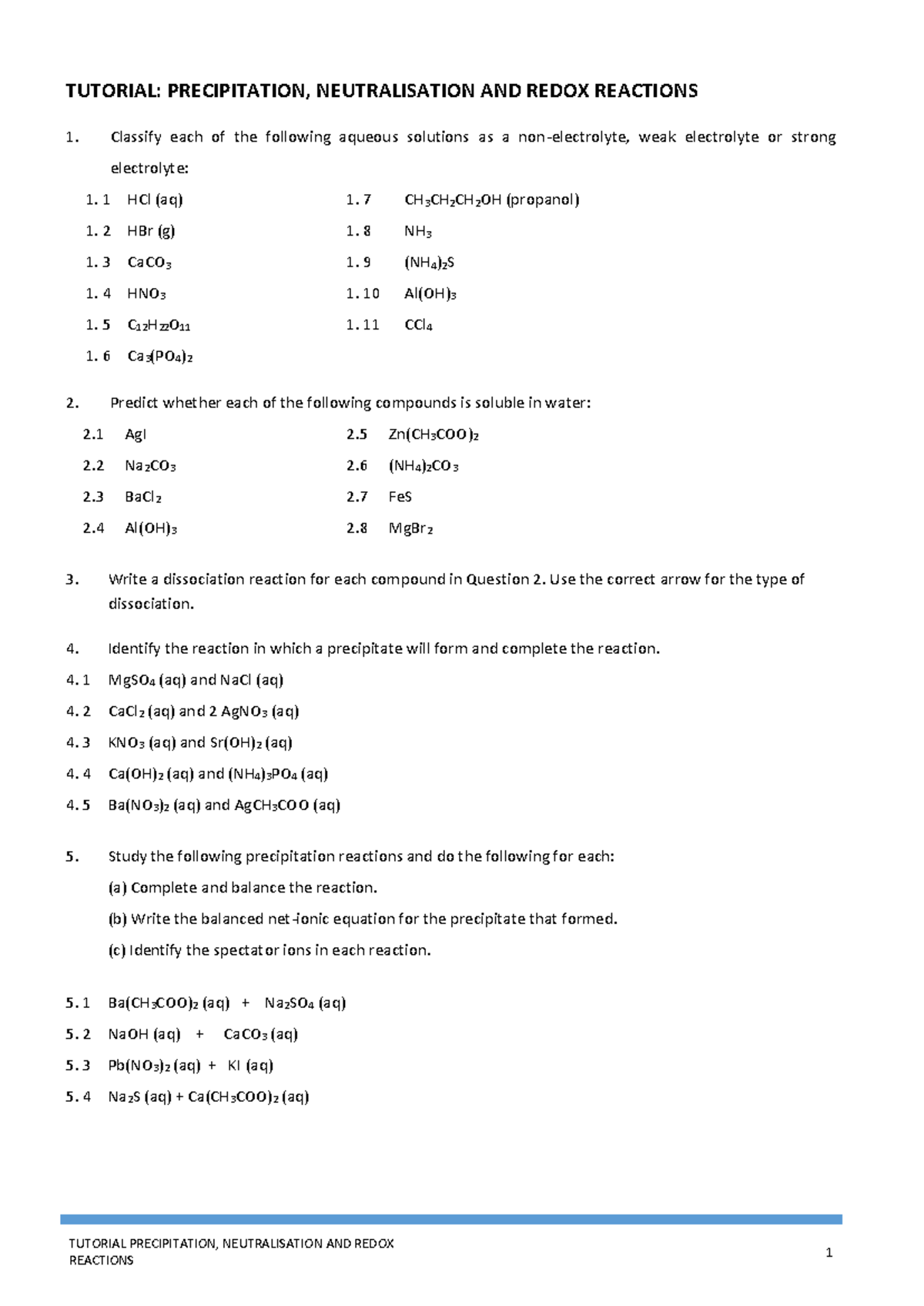 Tutorial Precipitation Neutralisation and Redox Reactions - TUTORIAL ...