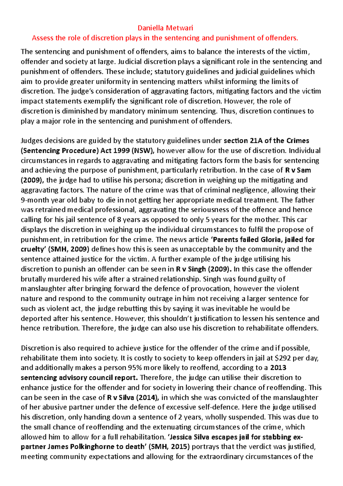 Crime Essay (Daniella) - The sentencing and punishment of offenders ...