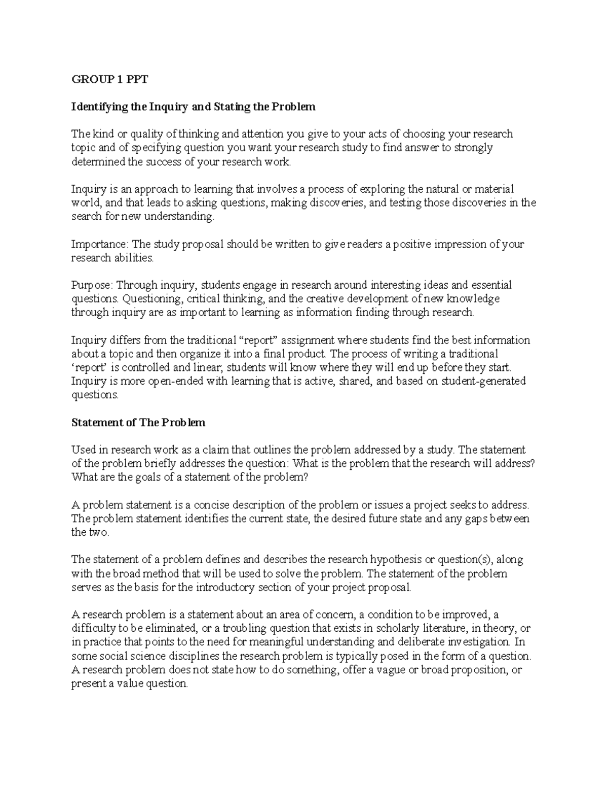 Practical Research 1 Notes - GROUP 1 PPT Identifying the Inquiry and ...