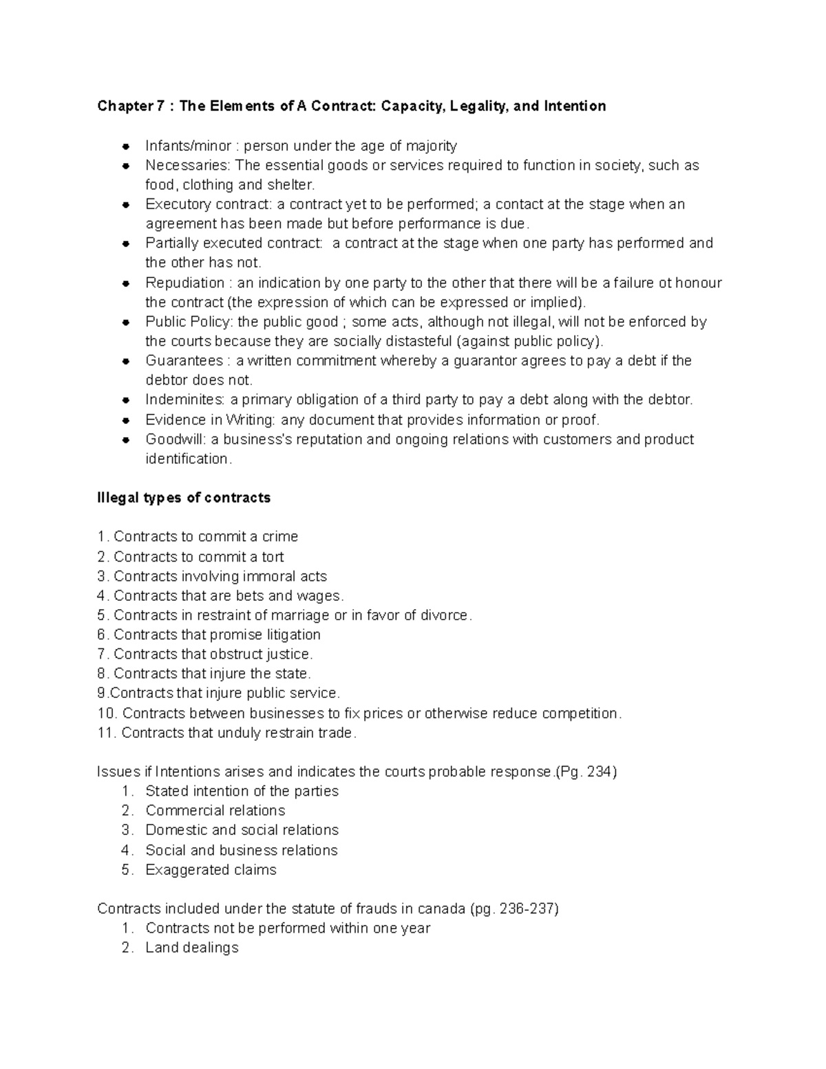Business Law Chapter 7-11 Defn - Chapter 7 : The Elements of A Contract: Capacity, Legality, and ...