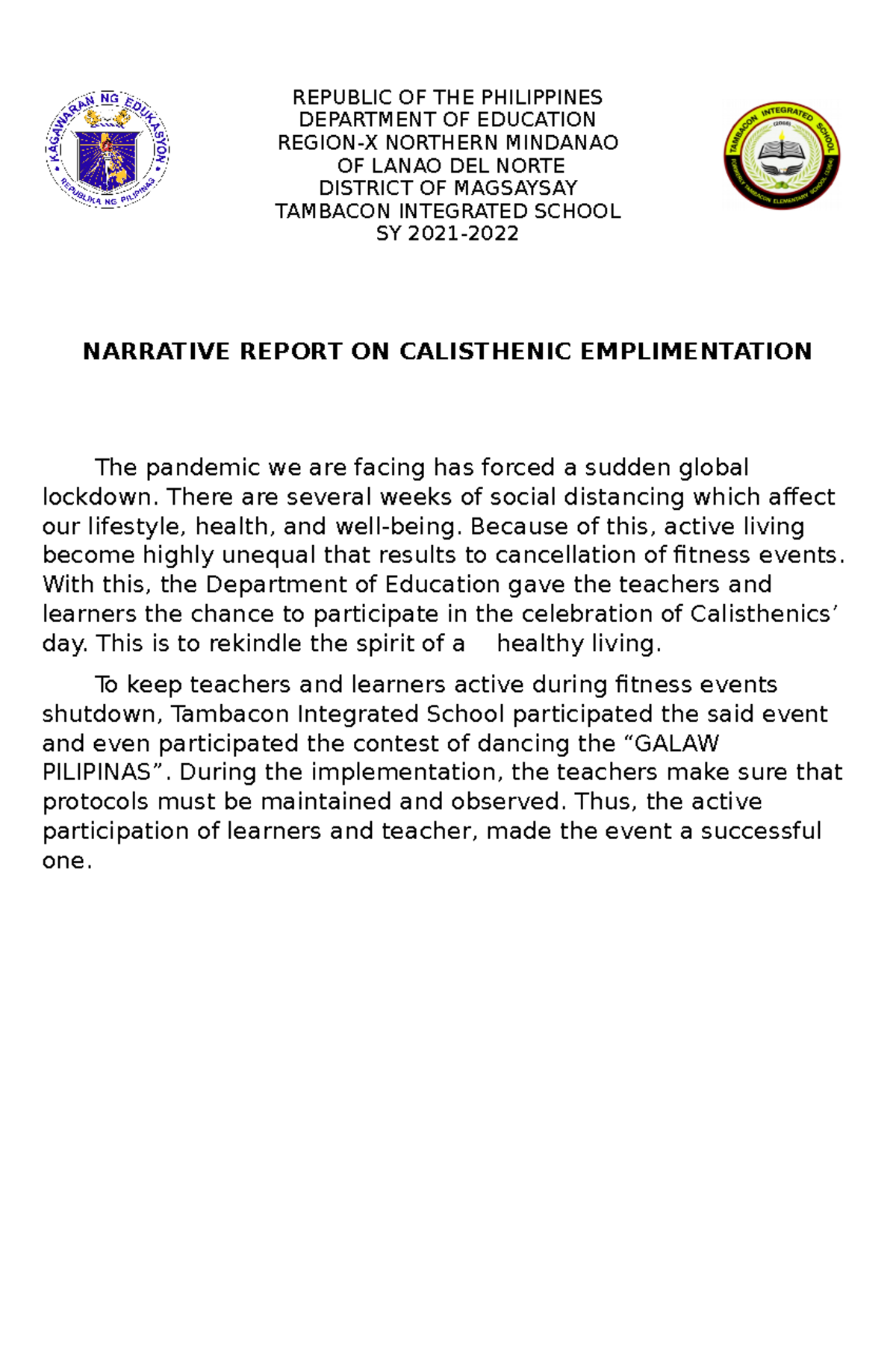 Narrative report on Calisthenic - REPUBLIC OF THE PHILIPPINES ...