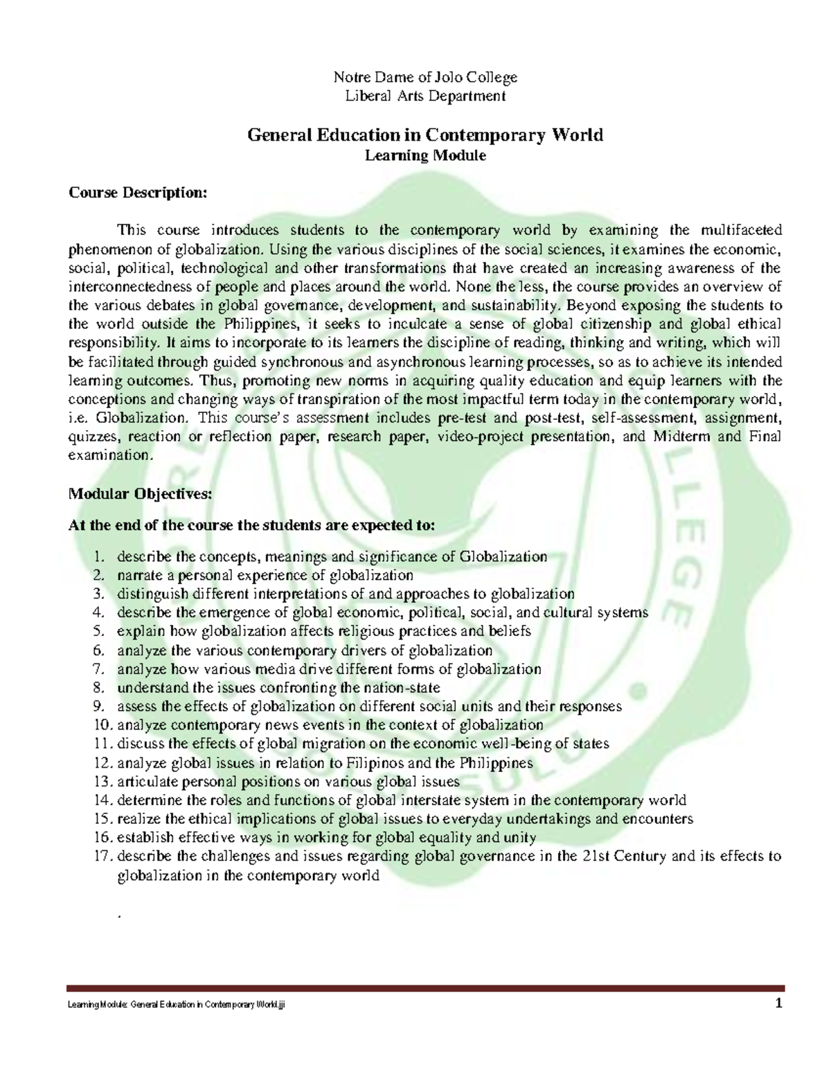 GECW Learning Module 2021 - Notre Dame of Jolo College Liberal Arts ...