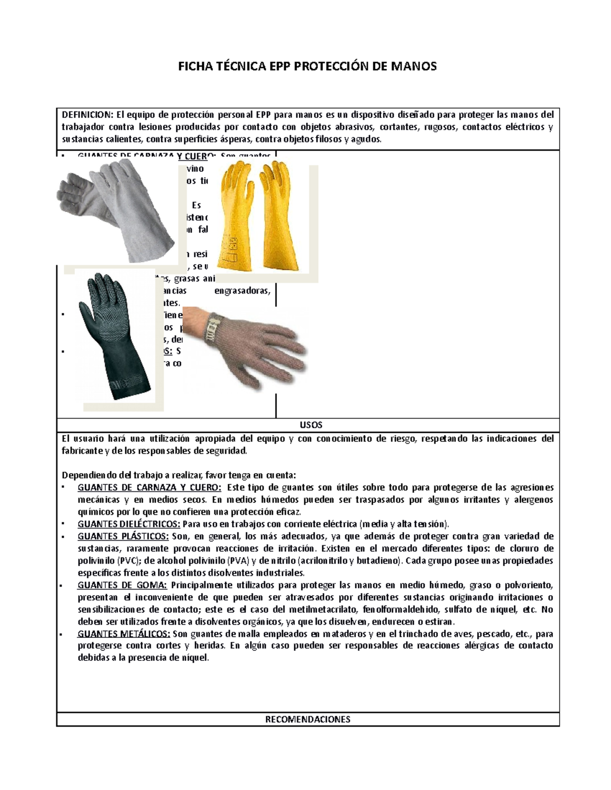 Ficha Tecnica EPP Protección DE Manos - FICHA TÉCNICA EPP PROTECCIÓN DE ...