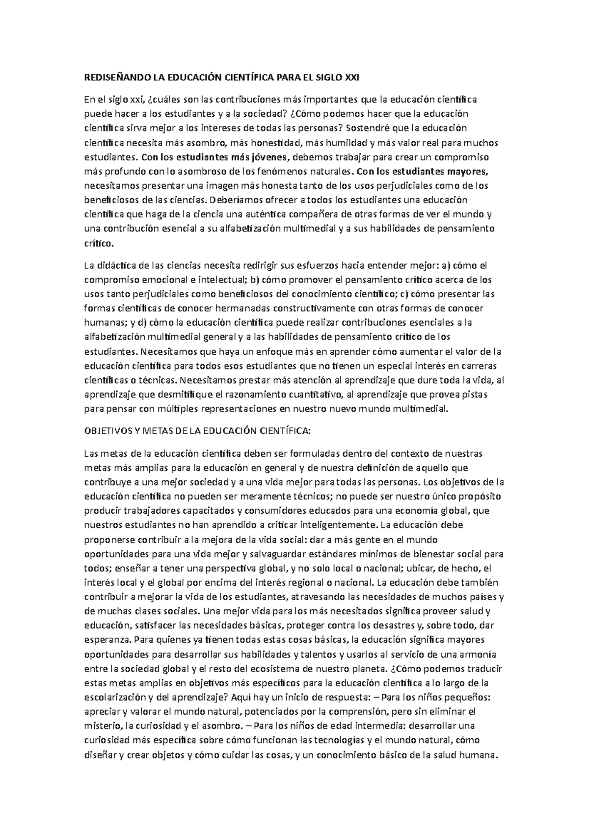 Objetivos Y Metas DE LA Educación Científica - REDISEÑANDO LA EDUCACIÓN ...