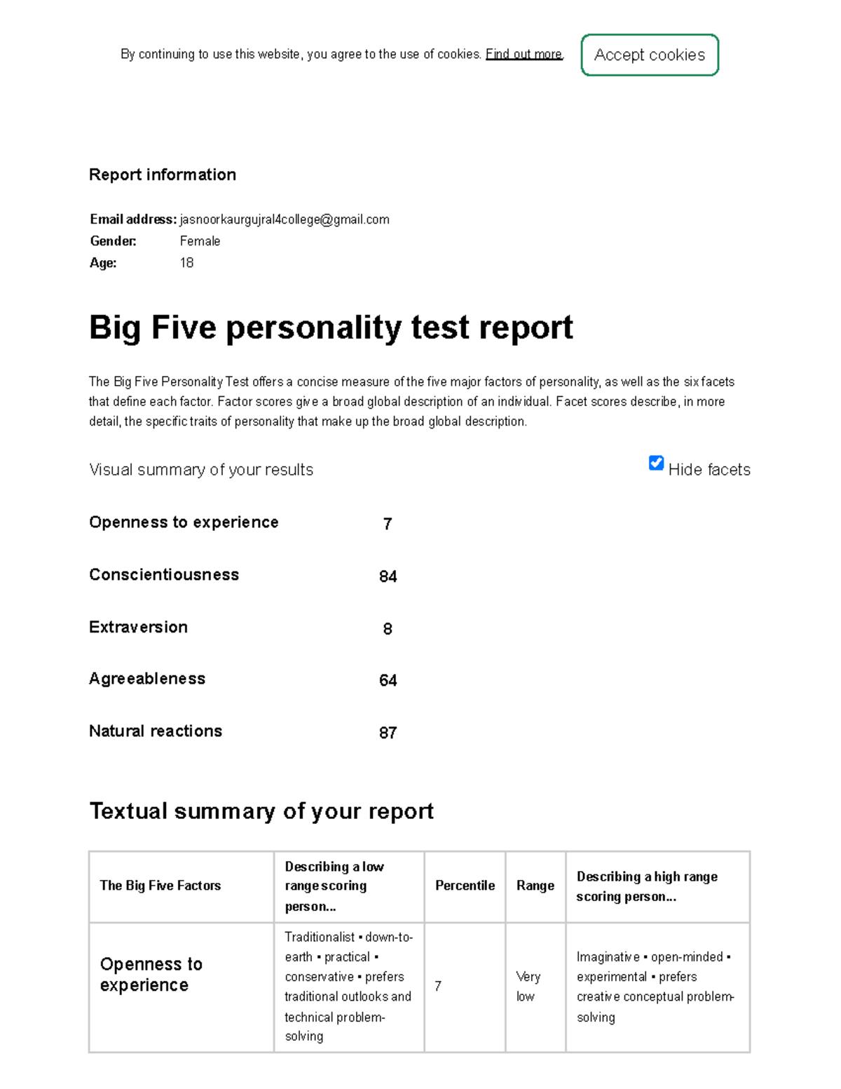 Personality test result - free personality test online at 123test ...