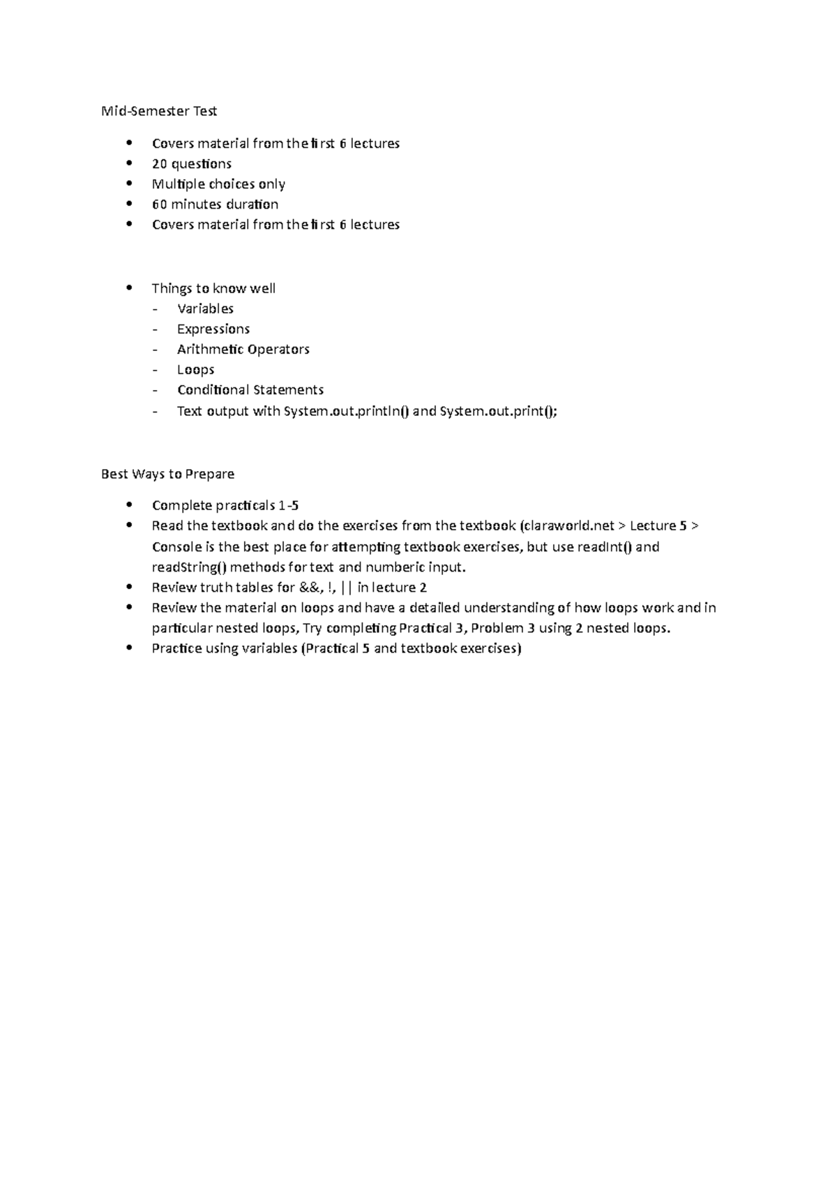 Midterms programming pointers - Mid-Semester Test Covers material from ...