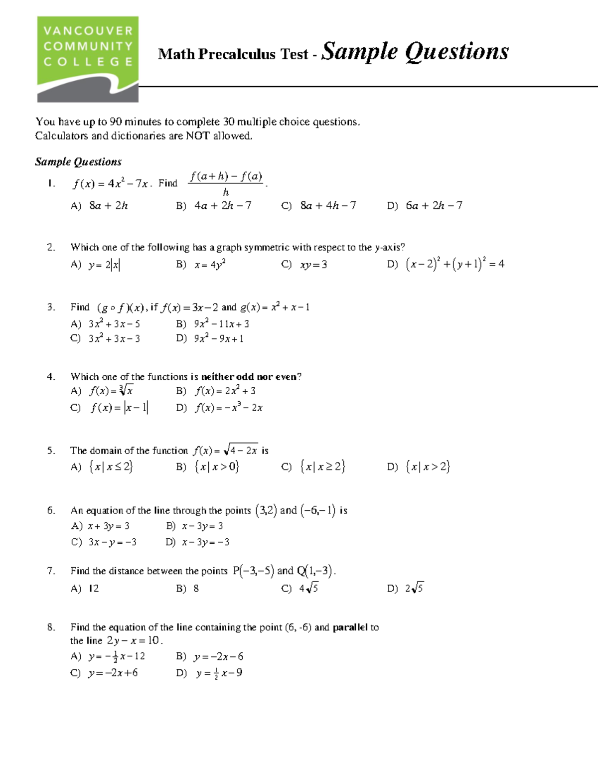 Precalculus-math-sample - Math Precalculus Test - Sample Questions You ...