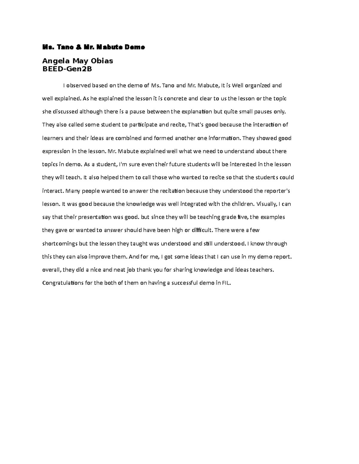 3rd Demo - Narrative Report - Ms. Tano & Mr. Mabute Demo Angela May ...