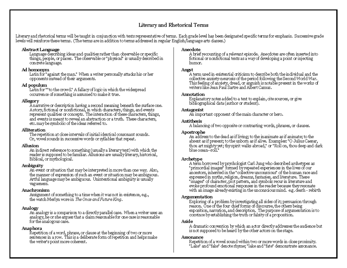 Literary and rhetorical terms - Each grade level has been designated ...