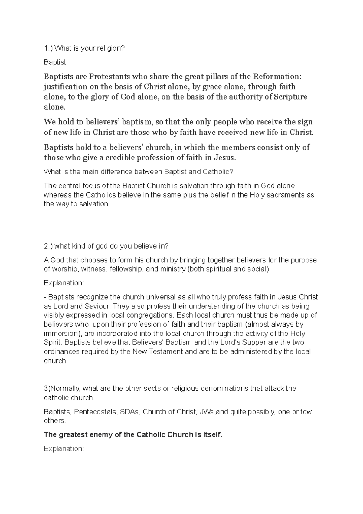 Asf report - 1.) What is your religion? Baptist Baptists are ...