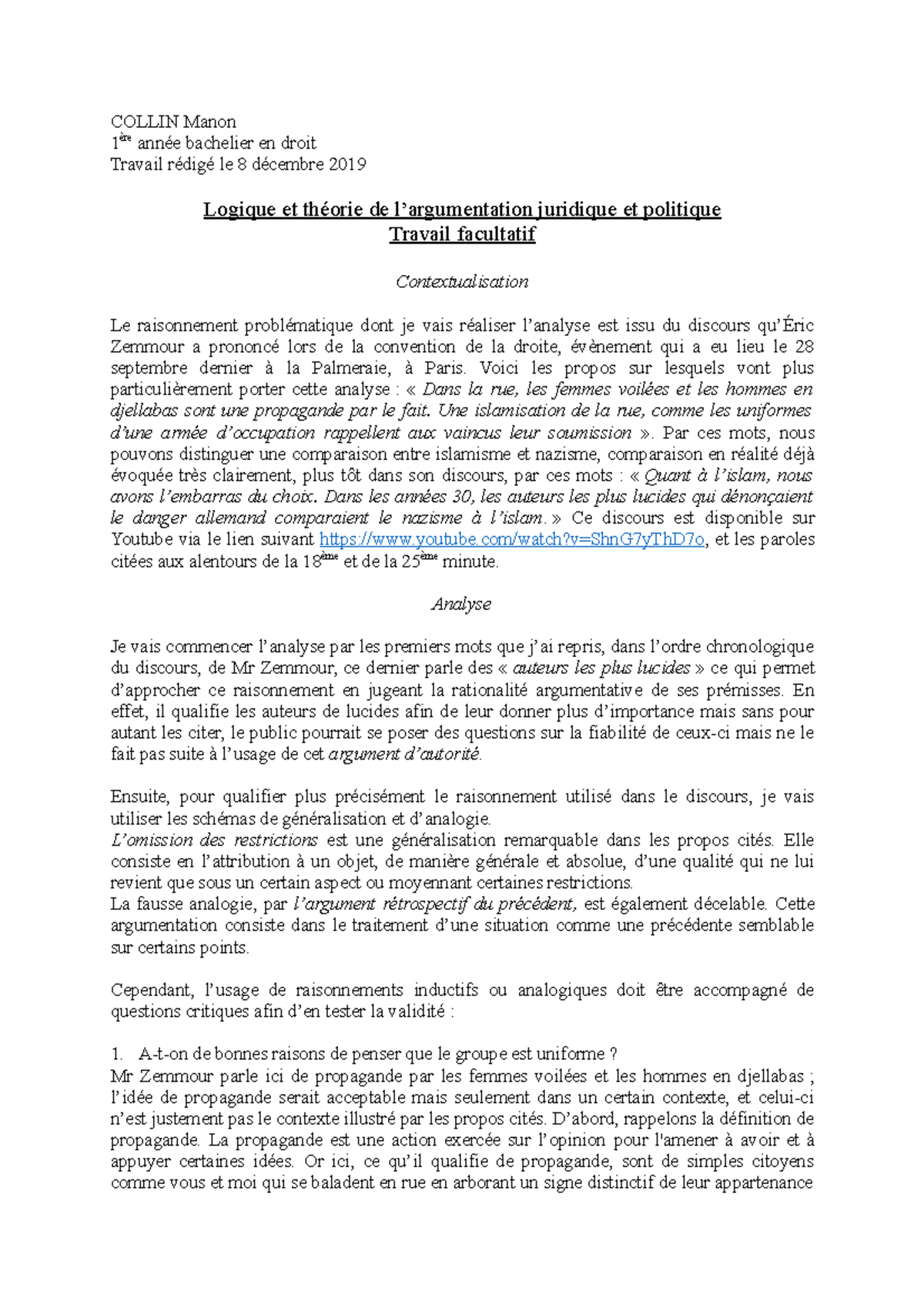Travail facultatif dispensatoire, logique et théorie de l'argumentation - COLLIN Manon 1 ère ...