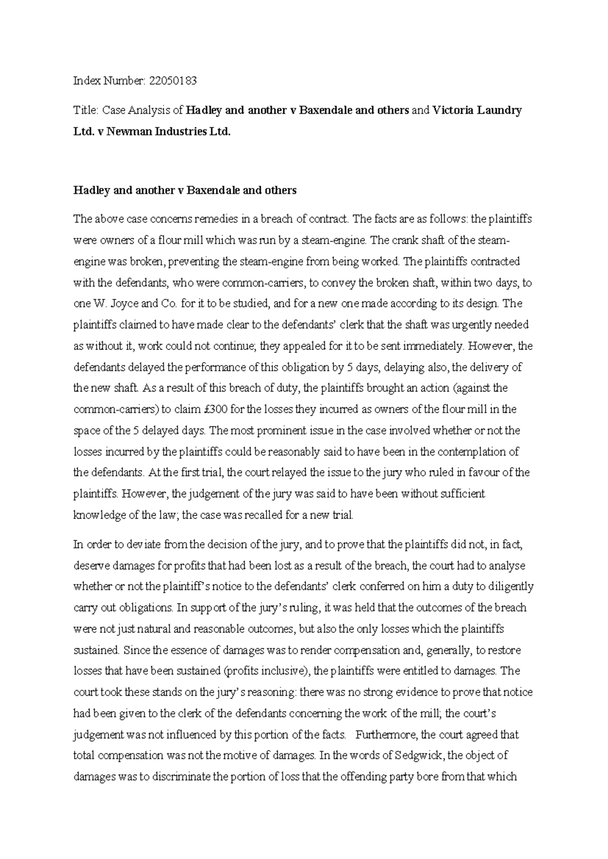 Case Study (Hedley v Baxendale; Victoria Laundry) - Index Number ...