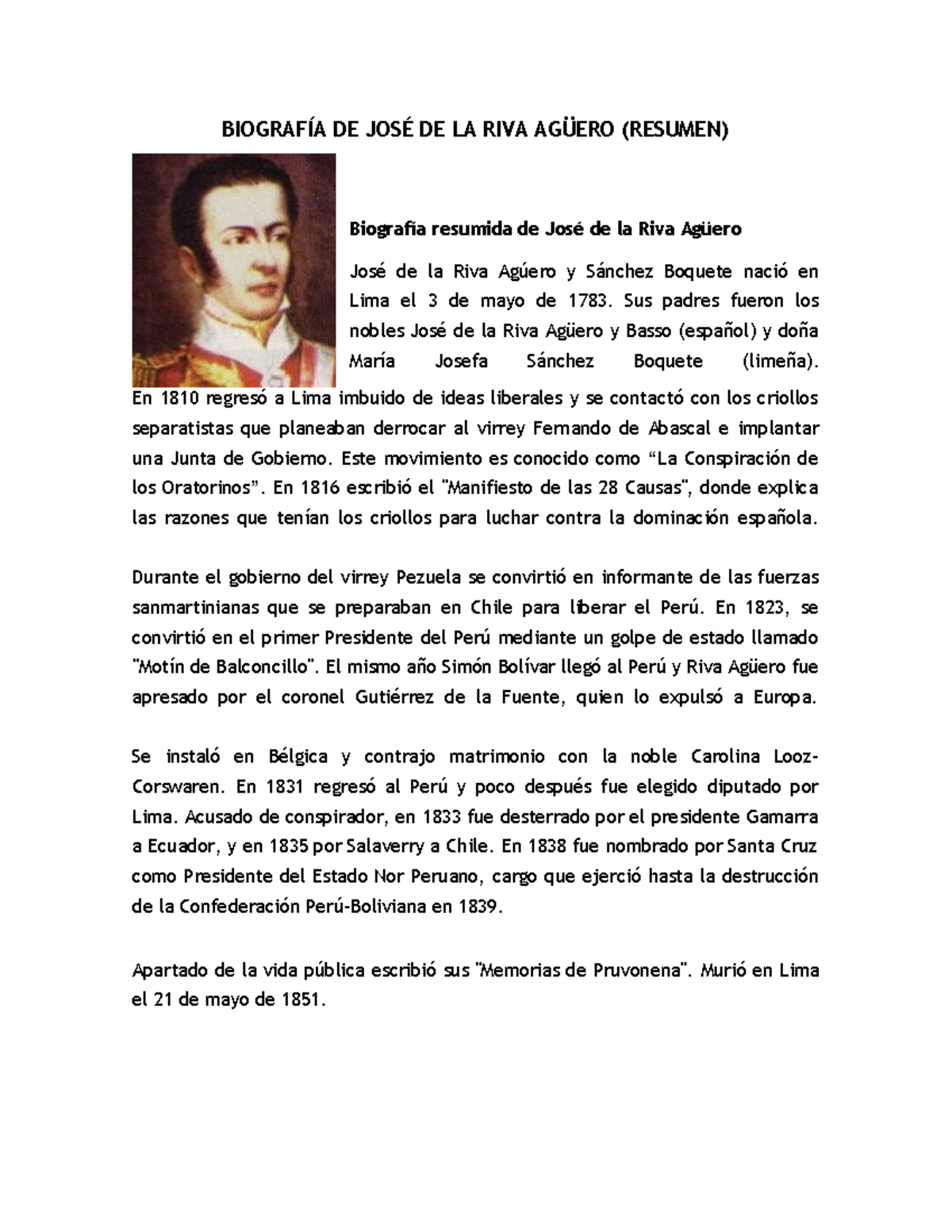 Biografía DE JOSÉ DE LA RIVA Agüero - BIOGRAFÍA DE JOSÉ DE LA RIVA ...