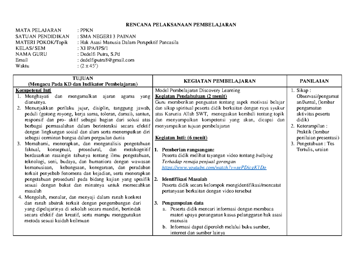 RPP - RPP - RENCANA PELAKSANAAN PEMBELAJARAN MATA PELAJARAN : PPKN ...